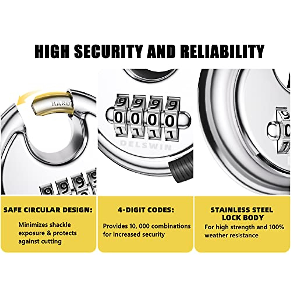 DELSWIN 4 Digit Combination Lock Disc Padlock with Hardened Steel Shackle Outdoor Combo Lock for Outdoor Gate Sheds,Storage Unit,Garage,Fence,Gym Locker(2 Pcs)