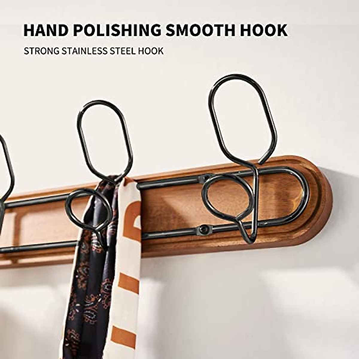 DRKUN Wood Coat Hook Wall Mounted Hooks for Hanging Clothes Rack with 8 Hooks, Double Round Hooks Black Stainless Steel Hanger for hat Towel Bedroom Bathroom