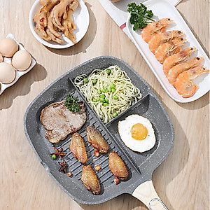 Tauvirboff Nonstick Grill Pan, 3-in-1 Nonstick Divided Breakfast Grill Pan for Stove Tops, Egg Frying Pan for Egg, Bacon & Burgers, Stone Coating Cookware for Gas, Electric & Induction, 11“ (Black)