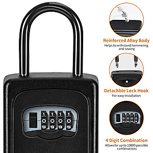 Portable Key Lock Box, Upgrade Clearly Visible Numbers, Lock Box Wall Mounted for House Key, 5 Key Capacity, Weatherproof Resettable Code (1 Pack, Black)