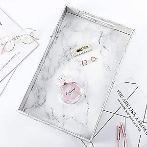 Lewondr Serving Tray with Wide Handles, PU Leather Ottoman Cofee Table Serving Tray, 14.96"x9.45"x1.97" Decorative Tray for Perfume Cosmetic Jewelry Key, Countertop Storage Organizer - Marble White