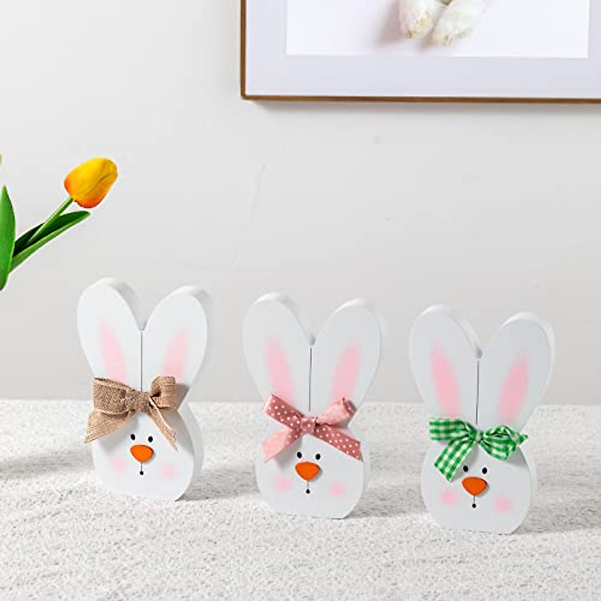 Easter Decorations for the Home, hogardeck 3 Pcs Easter Bunny Table Decor, Wood Sign Rabbit Block Set with Plaid Dot Burlap Bow Wooden Signs Table Centerpiece Farmhouse Decor for Party Fireplace Tiered Tray Tabletop