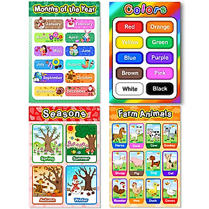 8 Educational Preschool Posters for Toddler and Kid Learning with 60 Glue Point Dot for Nursery Preschool Homeschool Kindergarten Classroom - Teach Numbers Alphabet Colors Months and More 16 x 11 Inch