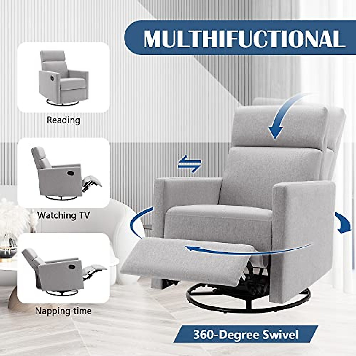 P PURLOVE Modern Upholstered Rocker Chair with Adjustable Backrest and Retractable Footrest, 360° Glider Swivel Recliner Chair, Glider Chair Easy to Assemble and Clean, Gray