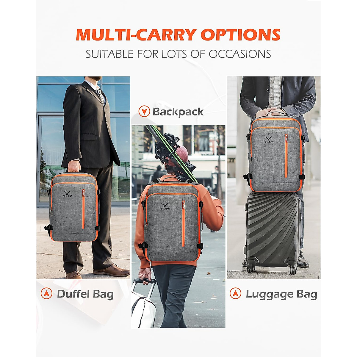 Hynes Eagle Carry on Backpack 38L Large Travel Backpack for Women Flight Approved Weekender Bag Laptop Backpack Men 15 inches Orange Grey with Black Grey