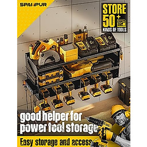 Power Tool Organizer Wall Mount with Charging Station, Garage Tool Shelf 6 Drill Holders, Tool Battery Holder with Screwdriver Heavy Duty Rack, Tool Storage Rack with 4 Outlet Power Strip