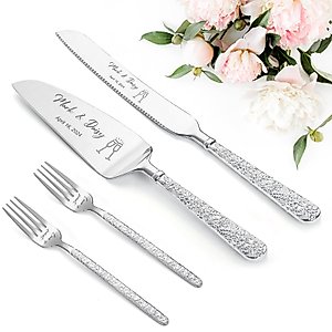 Personalized Wedding Cake Knife and Server Set Engraved Gold Cake Cutter Server Forks Custom Cake Cutting Set for Wedding Anniversary Engagement Birthday Gifts