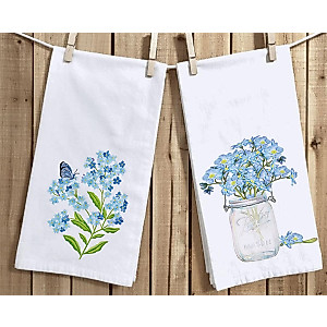 Watercolor Forget Me Not Kitchen Dish Towel 18 x 28 Inch Set of 2, Spring Summer Floral Tea Towels Dish Cloth for Cooking Baking