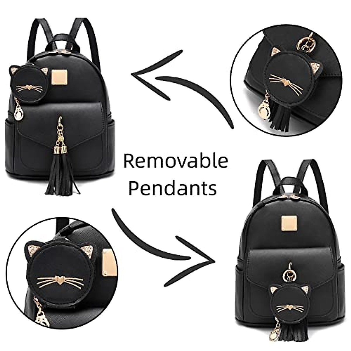 BESYIGA Girls Small Kitty Backpack 3 PCS Leather Backpack Purse for Women Travel Bag Kids Backpack Mini Backpack for Girls