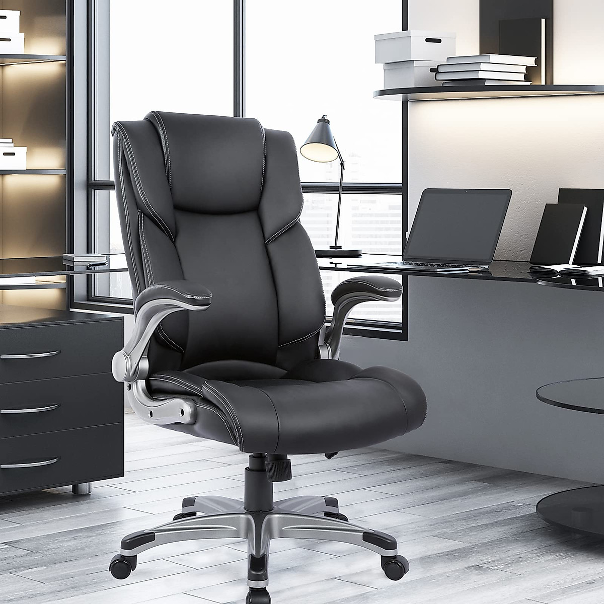 High Back Executive Office Chair- Ergonomic Home Computer Desk Leather Chair with Padded Flip-up Arms, Swivel Rolling Chair for Adult Working Study-Black