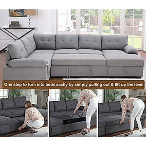 Sleeper Sofa Pull Out Couch with Storage, Modular Sectional Sofa Bed with Chaise Lounge, Modern Comfy 6 Seater U Shape Couch Bed for Living Room, Apartment, Home Office(Grey)