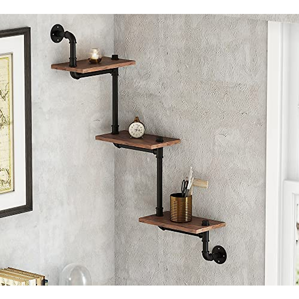 LBSLMJB Industrial Pipe Shelving, Modern Wood Ladder Pipe Shelves with Wood Planks, Retro Rustic DIY Floating Shelves Wall Mounted for Bar Kitchen Living Room