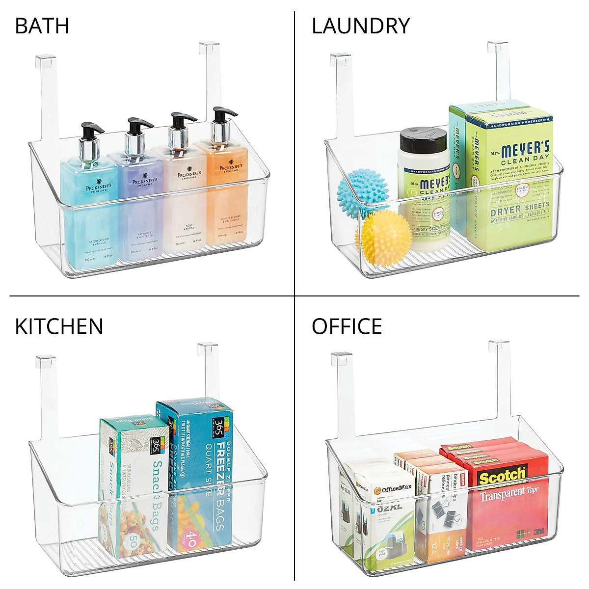 mDesign Plastic Over Cabinet Door Storage Organizer Bin for Kitchen, Pantry, Bathroom, Laundry, Utility Room - Hang Outside or Inside Door - Holds Lunch Bags, Shampoo, Cleaning Supplies, Large - Clear