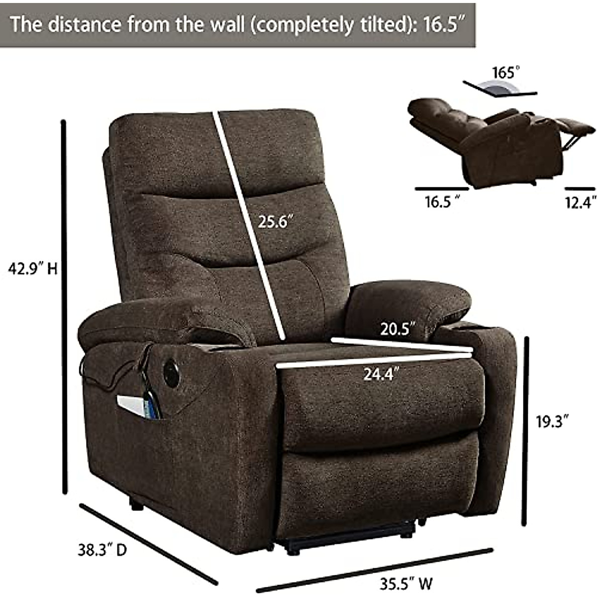 THIHOME Electric Power Lift Recliner Chair Sofa with Massage and Heat for Elderly, 3 Positions, 2 Side Pockets and Cup Holders, USB Ports, High-end Quality Fabric for Home Living Room Bedroom, Brown