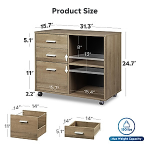 DEVAISE 3 Drawer Mobile File Cabinet, Wood Lateral Filing Cabinet, Printer Stand with Open Shelves for Home Office, Gray Oak