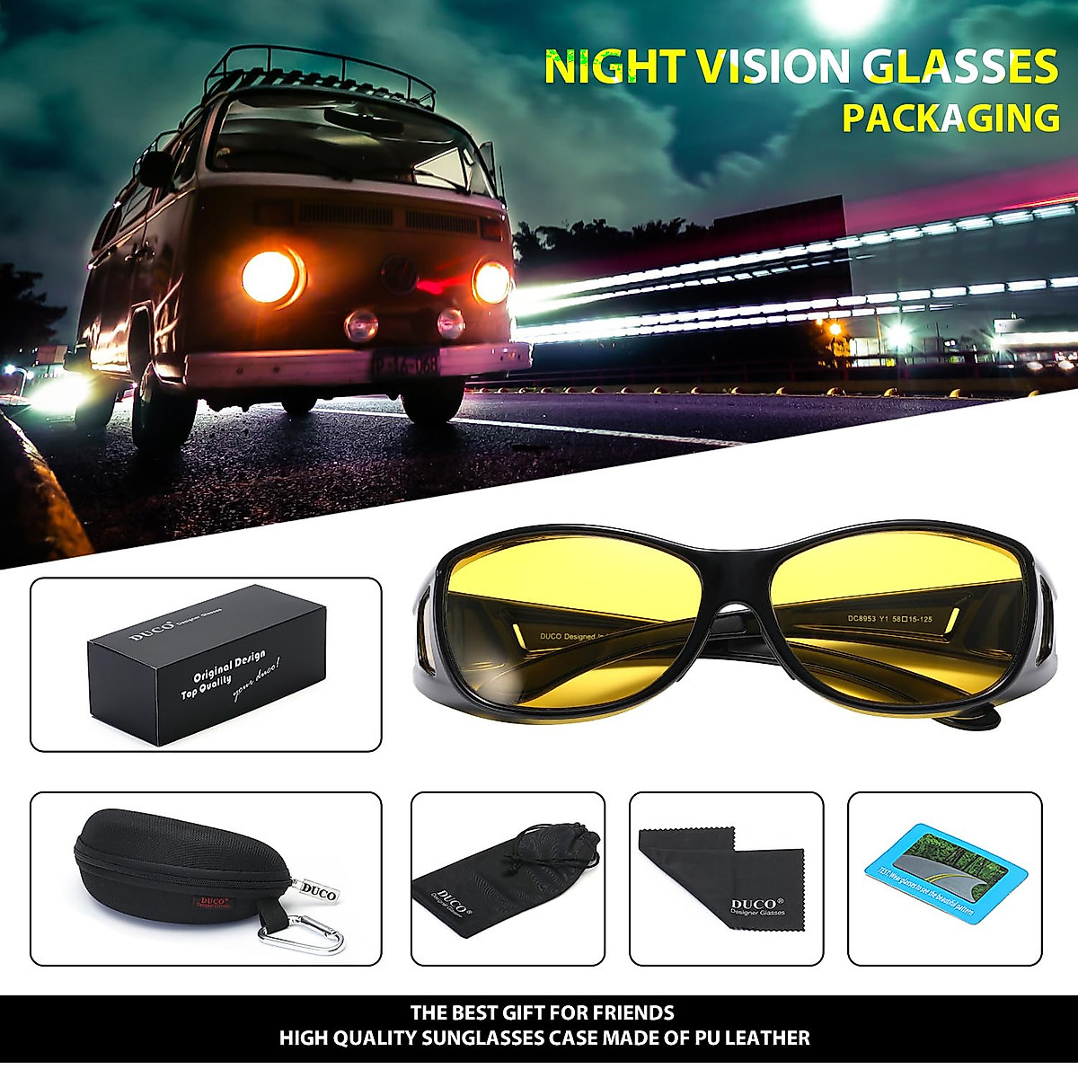 DUCO Night Vision Glasses for Driving at Dusk Rainy Day Anti Glare Fit Over Wrap Around Eyewear Glasses UV400 Polarized 8953Y