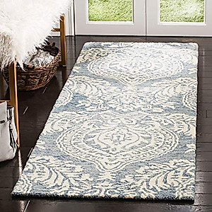 Safavieh Micro-Loop Collection Runner Rug - 2'3" x 7', Blue & Ivory, Handmade Damask Wool, Ideal for High Traffic Areas in Living Room, Bedroom (MLP512M)