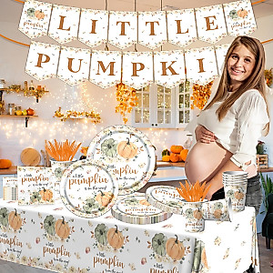 Little Pumpkin Baby Shower Tableware Party Decorations A Little Pumpkin is on The Way Fall Farm Pumpkin Floral Thanksgiving Party Supplies Disposable Tablecloth,Plates,Napkins,Cups