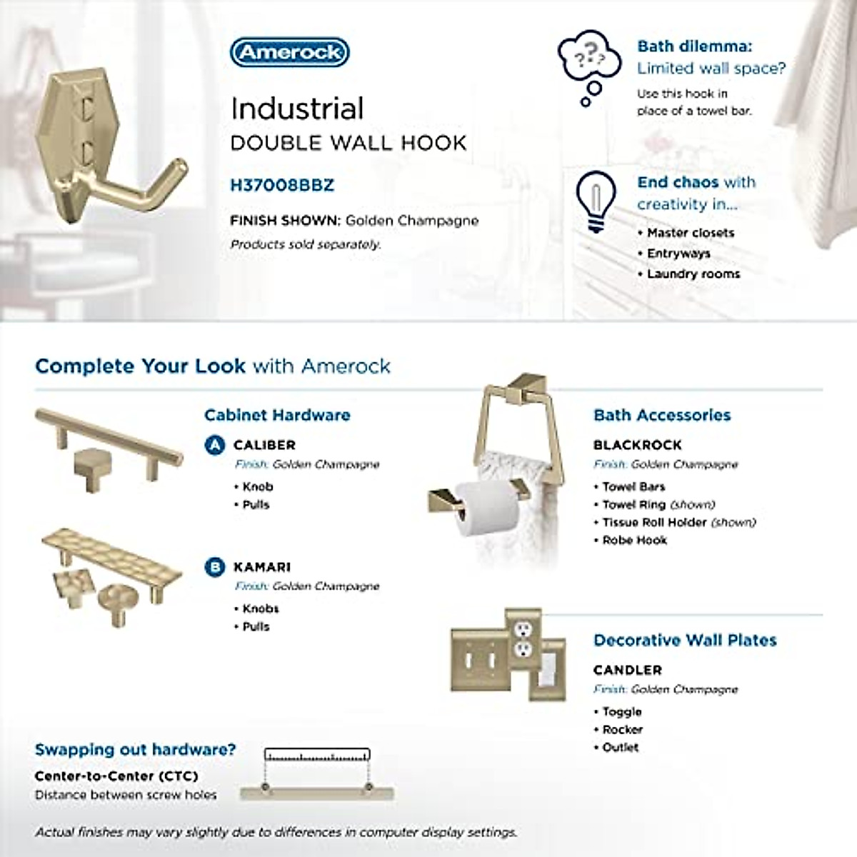 Amerock H37008BBZ | Benton Double Prong Decorative Wall Hook | Golden Champagne Hook for Coats, Hats, Backpacks, Bags | Hooks for Bathroom, Bedroom, Closet, Entryway, Laundry Room, Office