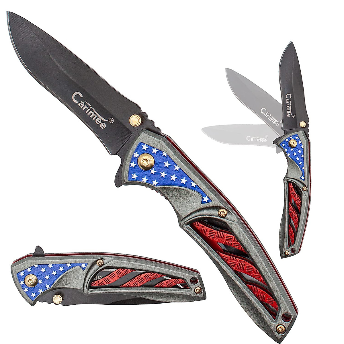 Carimee Pocket Knife 3“, Aluminum Handle, Small Folding Knife with Clip, Gentlemen Knife, Grey Anodized, Black Ti-Coated D2 Blade