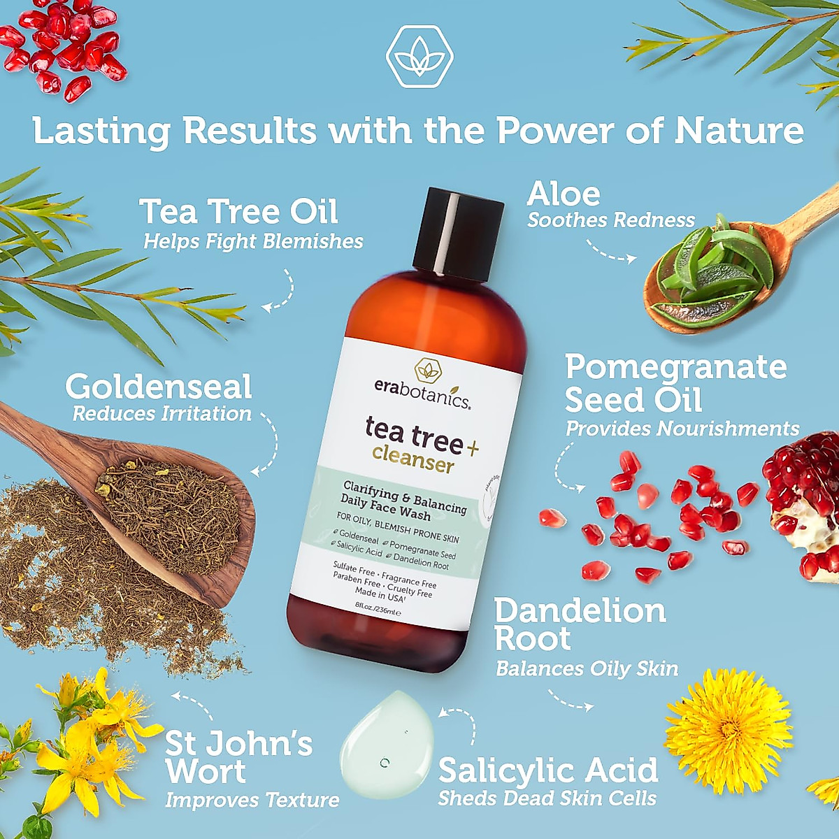 Era Organics Purifying Tea Tree Oil Face Wash - Balancing Cleanser for Oily, Blemish-Prone Skin with Salicylic Acid - Sulfate-Free, Fragrance Free, Made in USA