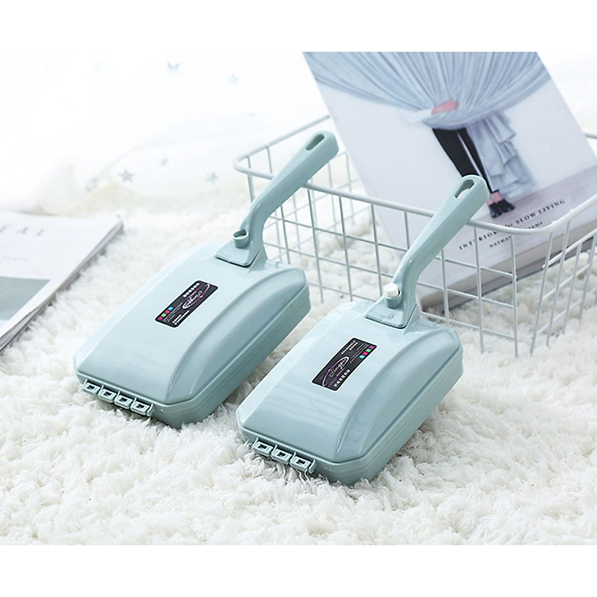 QDAOYU 2Pcs Carpet Brush Handheld Carpet Table Sweeper Triple Brush Head Carpet Table Brush Pet Hair Cleaning Brush Collector Brush (Blue+Pink)