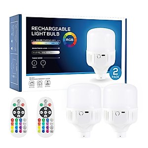 Rechargeable LED Bulbs Set of Two with Remote, 12 RGB Colors & 3 Light Modes, Dimmable Battery Operated Bulbs, 5200mAh, 10 Brightness Levels, Timer Function, f2 Pack for Bedroom, Living Room,
