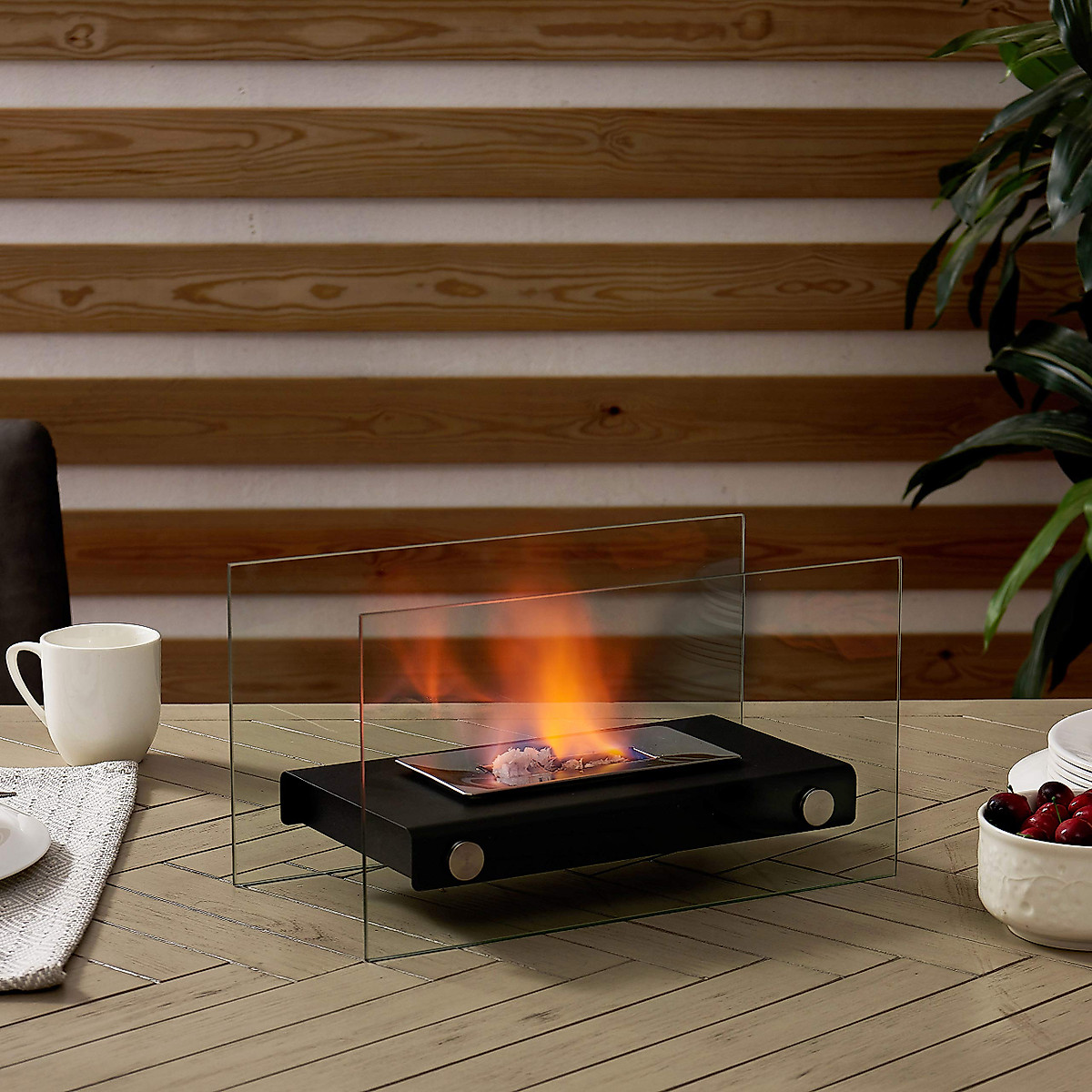 Danya B. Rectangular Tabletop Smokeless Fireplace with Clear Glass Panels, Indoor/Outdoor Use, Ventless, Portable, 7.5" H x 6.75" D x 13.25" W, Modern Matte Black Metal Fire Pit, Bio-Ethanol Fuel