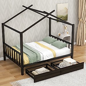 CITYLIGHT Full Size House Bed for Kids, Metal Full Platform Bed Frame with 2 Storage Drawers, Roof, Headboard and Footboard, Full Storage Canopy Bed for Kids, Girls & Boys, Black