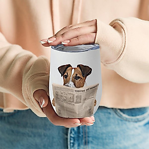 Tricolor Smooth Fox Terrier Reading Newspaper Tumbler 12oz Stainless Steel Vacuum Insulated Wine Cup With Lid - Gifts for Dog Lovers