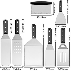 Leonyo Griddle Accessories Set of 7, Stainless Steel Metal Spatula Scraper Turner for Flat Top Grill Pan BBQ, Dishwasher Safe, 6 x Hanging Hooks