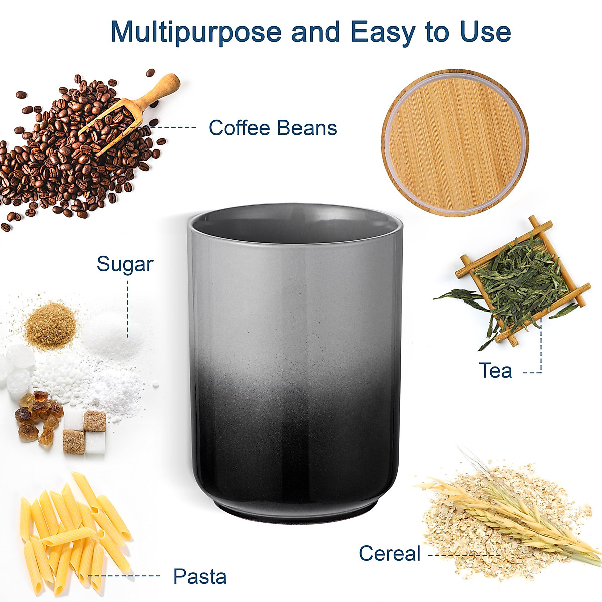 LOVECASA Canister Sets for Kitchen,Ceramic Food Storage Canisters for Countertop with Airtight Wood Lids, Flour and Suger Containers for Coffee, Tea,Spice,Cereal,Set of 3