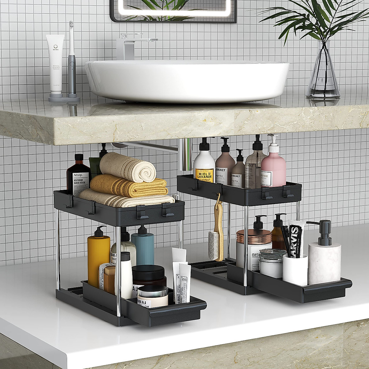 QualiapeX 2-Tier Under Sink Organizer, Kitchen Organization, Cabinet Storage Drawer Organizer with Hooks, Dividers, Handles, Bathroom Organizer, Easy-Grip & Hold-Out Sliding Drawer (Black 1 Pack)