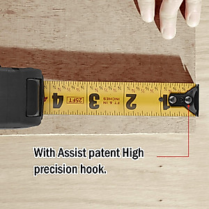 25FT Measuring Tape by ASSIST-Easy Read Double Side Printing with Metric and Inches，2.6m Level Standout Blade,Heavy Duty Shock Absorbent Rubber Case-for Construction，Surveyor