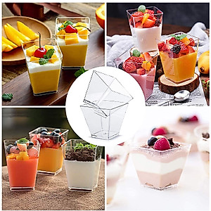 WAIZHIUA 50Pcs Plastic Dessert Cups, 5.4OZ Mini Square Dessert Cups Clear Parfait Appetizer Cup Reusable Multiuse for Desserts Pudding Mousse Christmas Party Supplies(with 50Pcs Spoons)