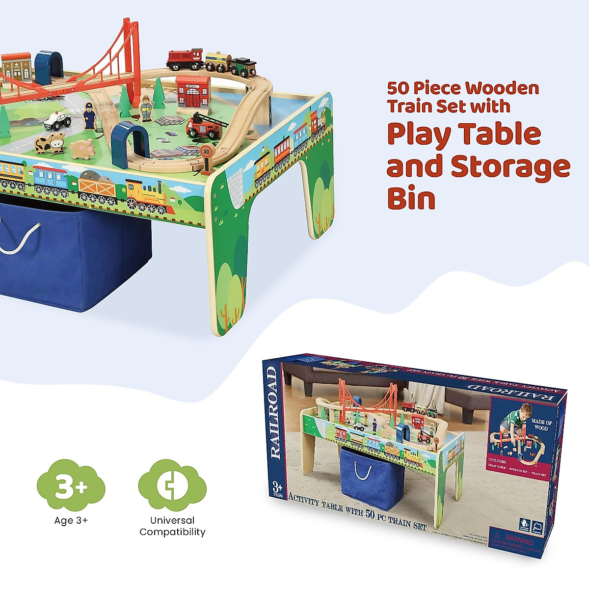 50 Piece Wooden Train Set with Activity Table & Storage Bin - 100% Hardwood Track, Engine, Oil Tanker, Caboose, Fire Engine, Station, Policeman, Farm Animals. Compatible with All Major Brands