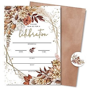 AnyDesign Boho Floral Invitations 20 Sets Rustic Floral Cards with Envelopes Stickers Watercolor Blank Invites for Baby Shower Wedding Birthday Dinner Party, 5 x 7 Inch