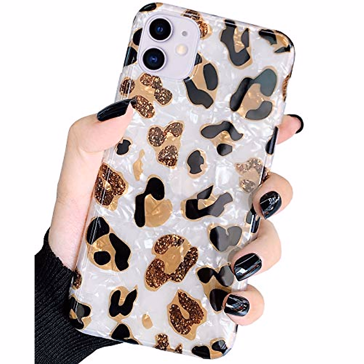 J.west for iPhone 11 Case 6.1 inch, Luxury Sparkle Bling Translucent White Leopard Print Soft Silicone TPU Phone Case Slim Fit Fashion Cheetah Pattern Design Protective Case for Girls Women