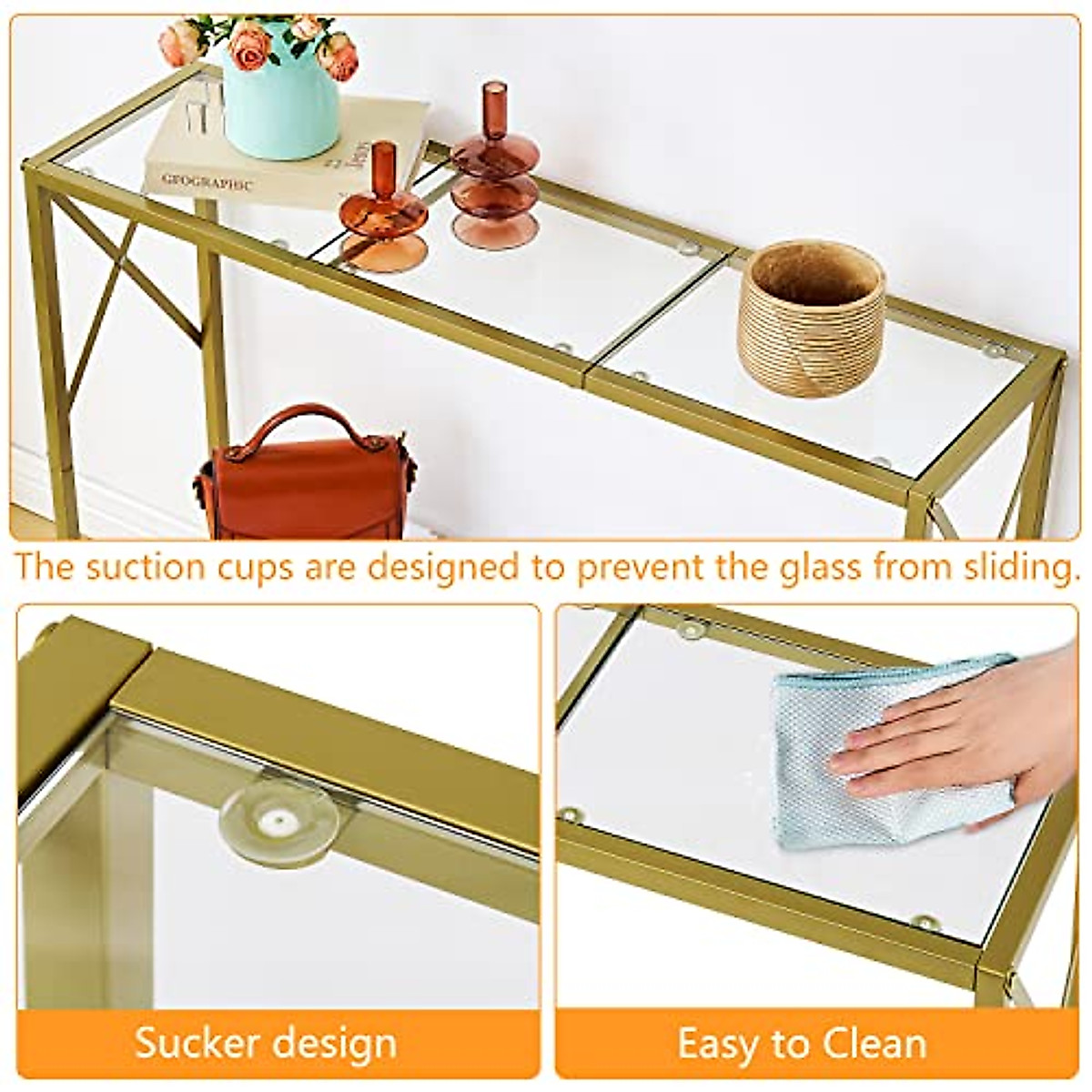 Hoctieon Gold Console Table, Entryway Table, Tempered Glass Sofa Table with Shelves, Metal Frame, Modern Style, Easy to Assemble, Entrance Table for Hallway, Entryway, Living Room, Bedroom