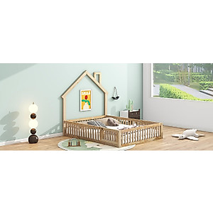 NUGYK Wood Full Size House Platform Bed with Guardrail, Solid Wood Floor Bed Frame with House-Shaped Headboard for Kids, Strong Sturdy Slats Support, Space-Saving Natural