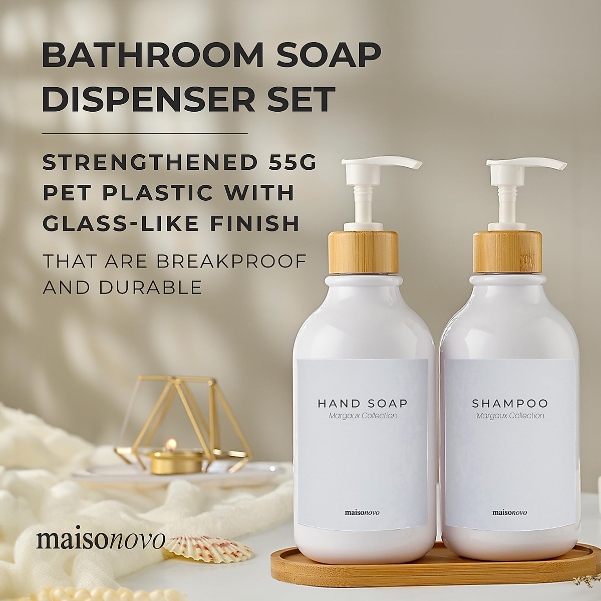 MaisoNovo Kitchen Soap Dispenser Set - Plastic Soap Dispenser with Pump - White Bamboo White Pump 16.9 fl oz - Bathroom Soap Dispenser Set of 2 - Soap and Lotion Dispenser Set with Tray