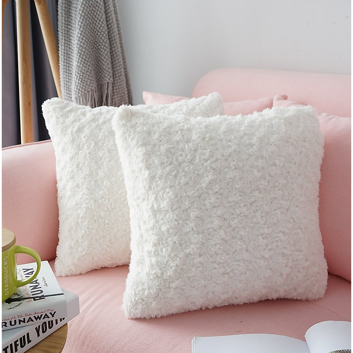 Valea Home Faux Fur Throw Pillow Covers for Couch Decorative Plush Swirl Luxury Super Soft Throw Pillow Case Set 18 x 18, Pack of 2, Ivory White