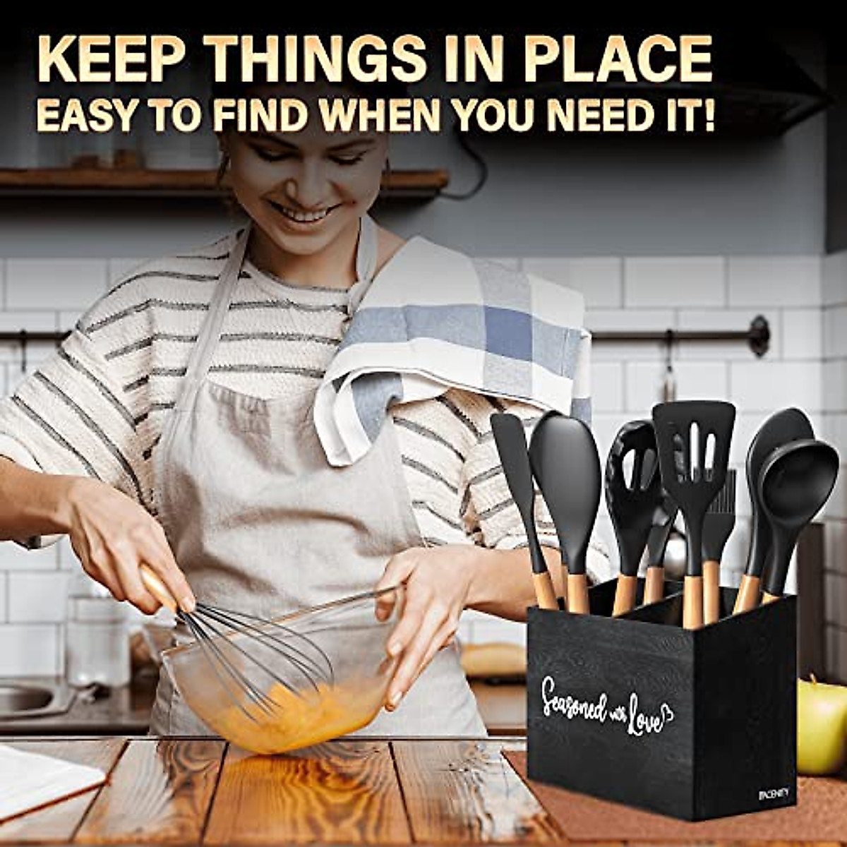 Acenity Kitchen Utensil Holder, Cute Kitchen Utensil Organizer, Wooden Utensil Holder, Lovely Kitchen Countertop decor (Black)