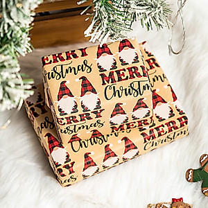 RUSPEPA Kraft Christmas Wrapping Paper Roll - Mini Roll - Red and Black Plaid Gnome Design for Holiday Gift Wrap - 17.5 Inches X 32.8 Feet