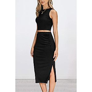 PRETTYGARDEN Women's 2 Piece Summer Outfits Crewneck Tank Tops Split Bodycon Midi Skirt Set (Black,Small)