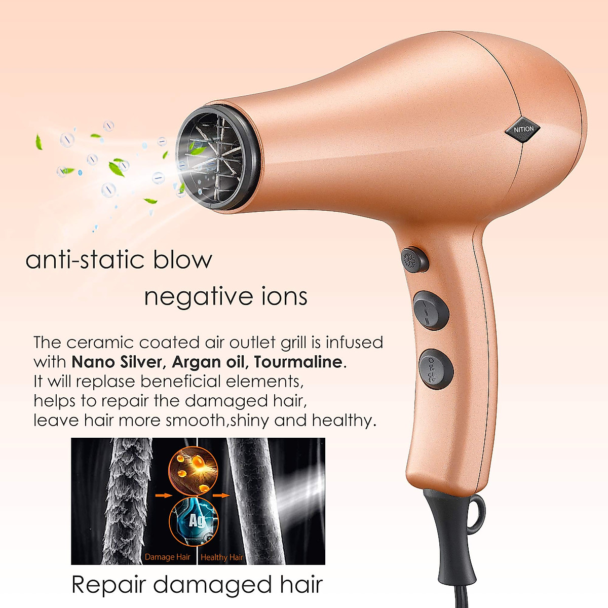 NITION Negative Ions Ceramic Hair Dryer with Diffuser(Large Size 5.3 inch) Attachment Ionic Blow Dryer Quick Drying,1875 Watt 2 Speed / 3 Heat Settings,Cool Shot Button,Lightweight,Gold
