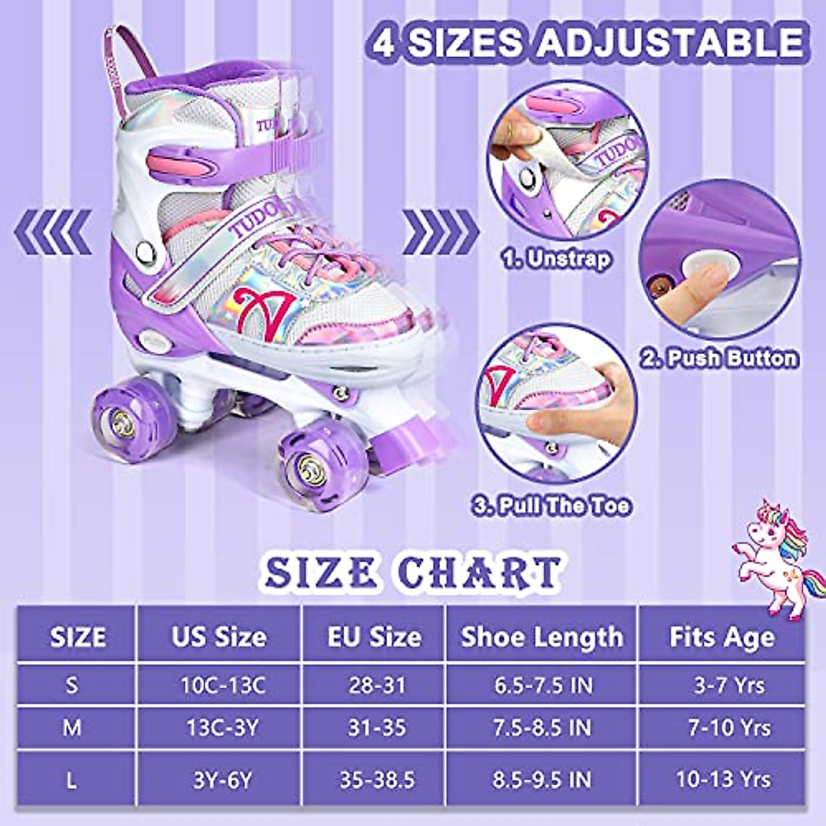 Roller Skates for Kids, Shine Skates 4 Size Adjustable Roller Skates with Light up Wheels for Girls, Teens, Outdoor Rollerskates for Beginners & Advanced | Purple, S - 10C-13C (Small, Purple)