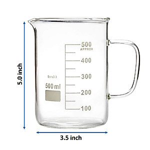 Microyn Glass Beaker with Handle, Beaker Mug with Pouring Spout, Double Graduated, 500ml (16.9oz/2.1cup)