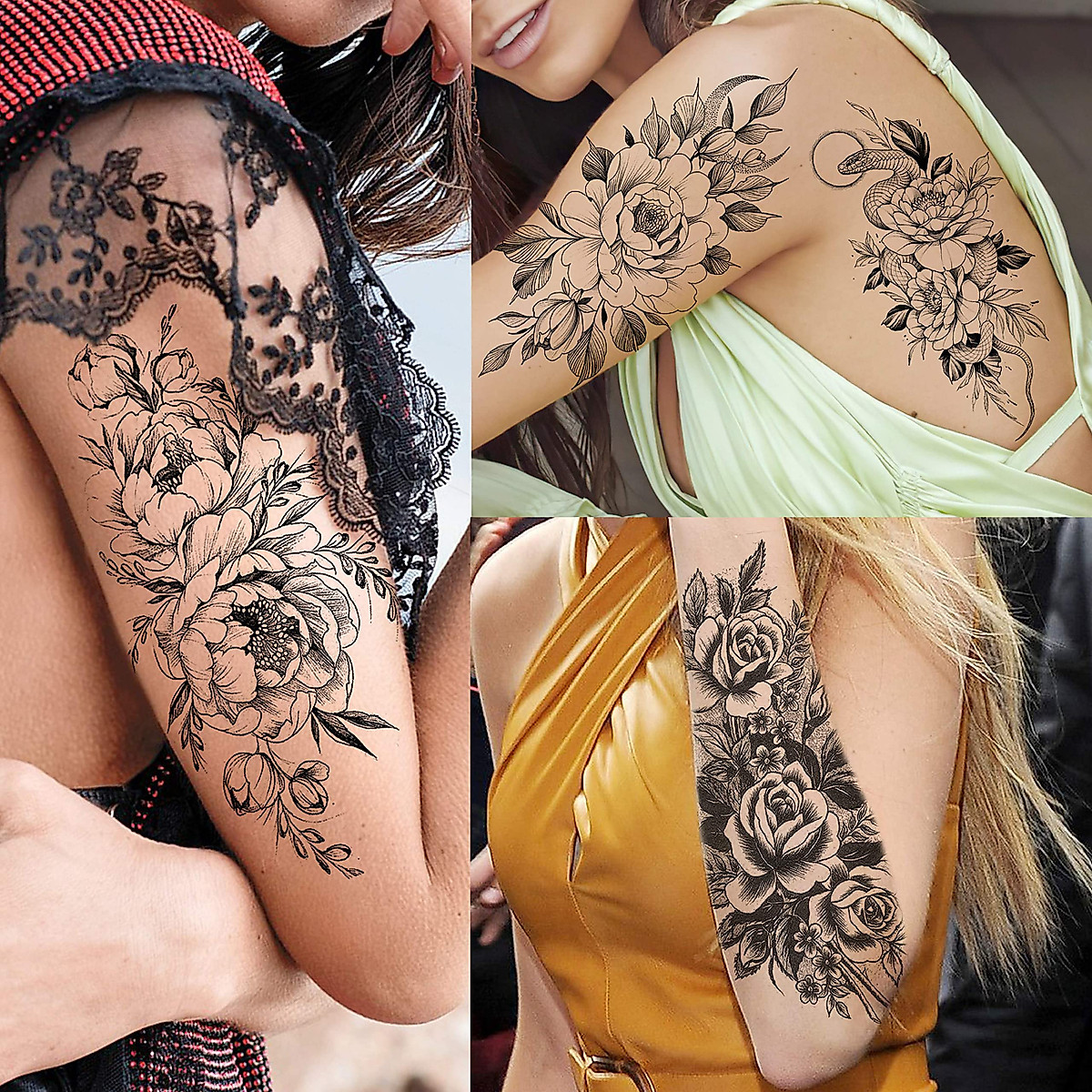 VANTATY 63 Sheets Realistic Black Rose Peony Flower Temporary Tattoos for Women Adults Body Art Arm, Snake Fake Floral Sketch Sleeve Tattoo Sticker