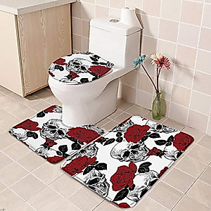 Women Trend 3 Piece Bath Rugs Set Red Rose Leaves Skull Non-Slip Bathroom Mats Absorbent Contour Soft Mat Toilet Lid Cover Bathroom Decor Set- 20"x32"+16"x18"+16"x20"